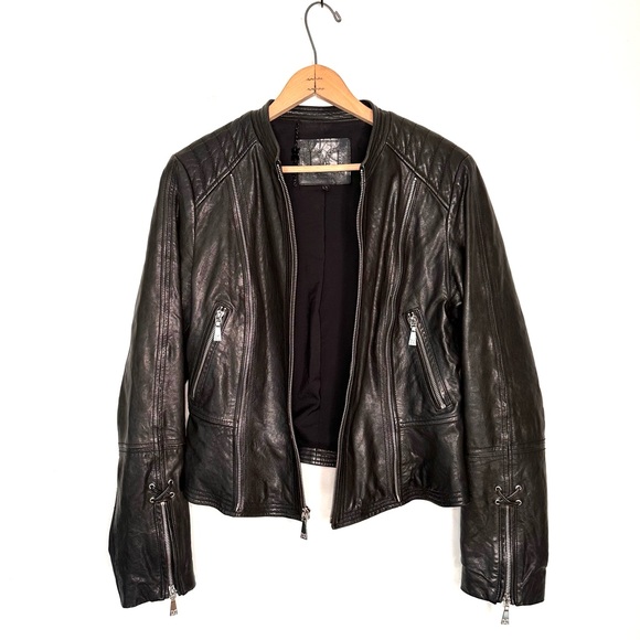 Dawn Levy | Jackets & Coats | Dawn Levy Black Leather Moto Biker Jacket With Stretch Fabric Back ...